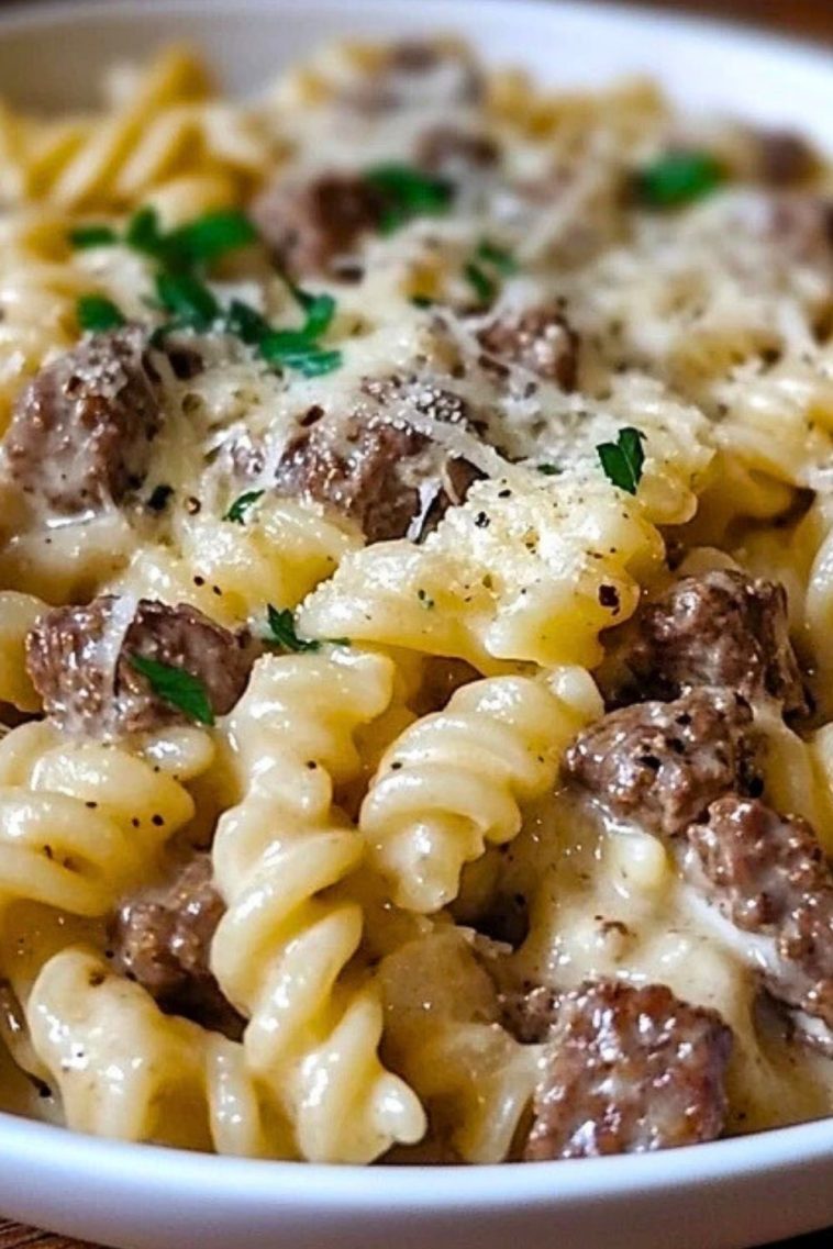 Beef and Rotini in Garlic Parmesan Sauce