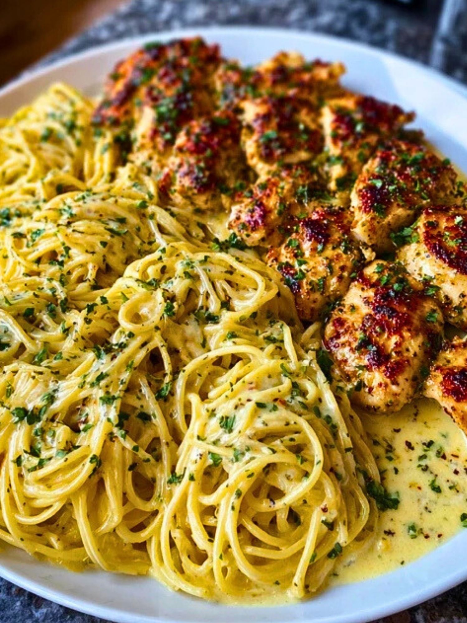 Creamy Garlic Parmesan Chicken with Cheesy Spaghetti