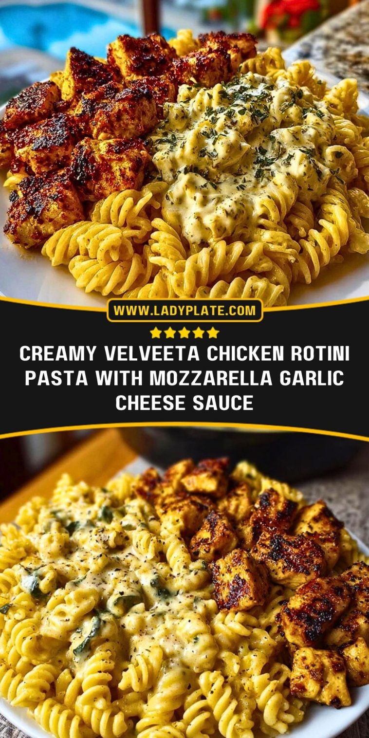 Creamy Velveeta Chicken Rotini Pasta with Mozzarella Garlic Cheese Sauce