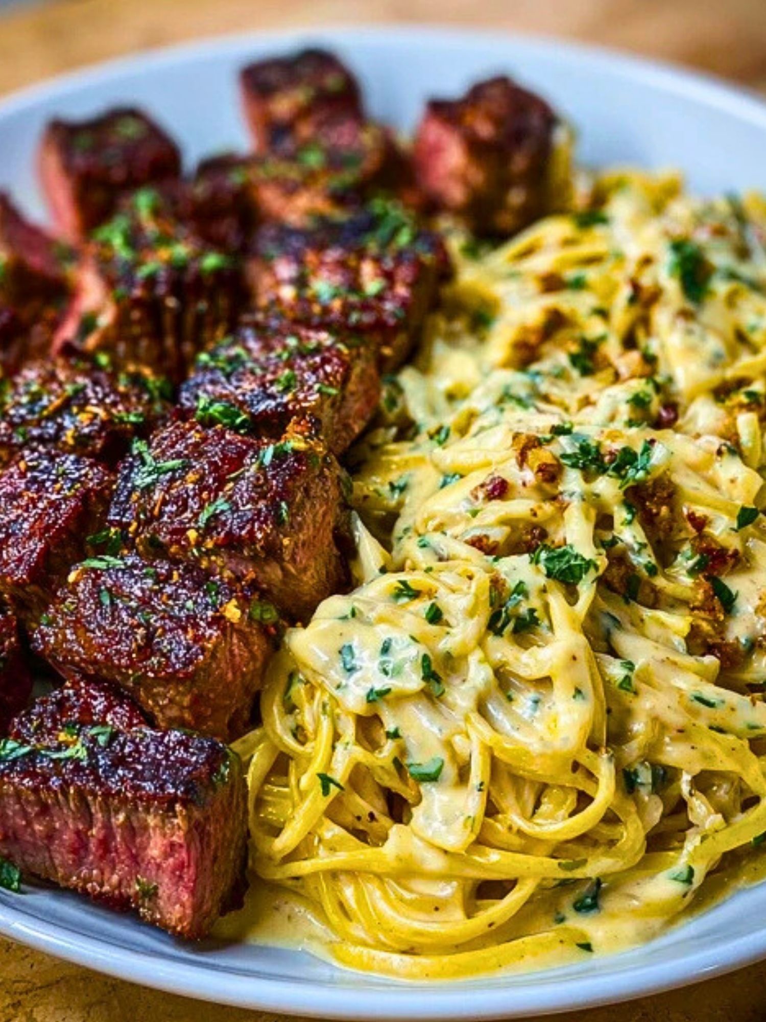 Garlic Butter Steak with Cheesy Linguine in Four-Cheese Sauce