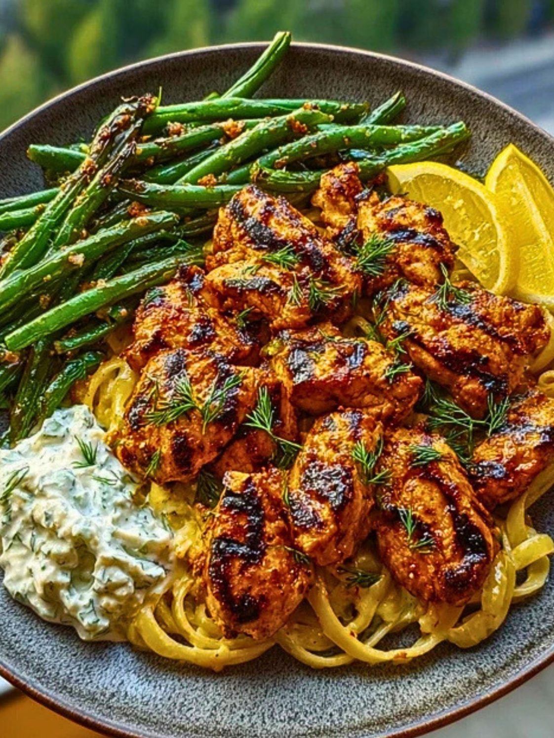 Smoky Paprika Chicken Alfredo with Lemon Feta Whip & Charred Green Beans
