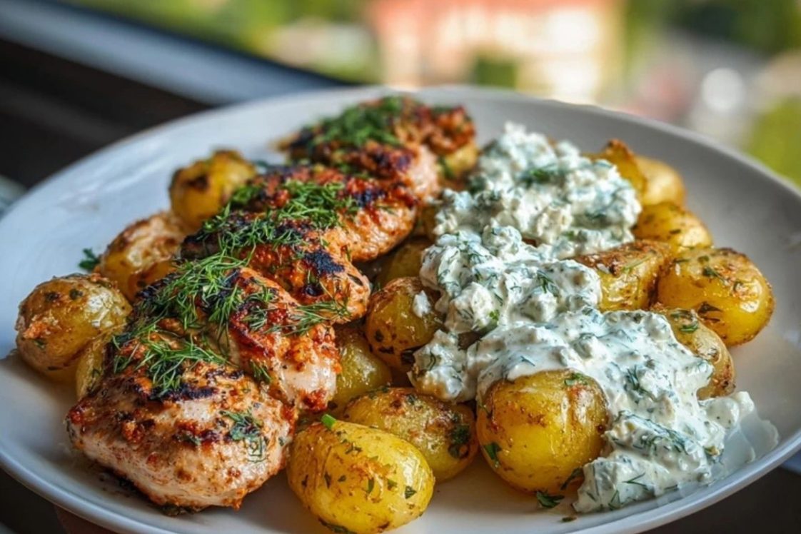 Spicy Yogurt Marinated Chicken with Dill Feta Cream & Crispy Baby Potatoes