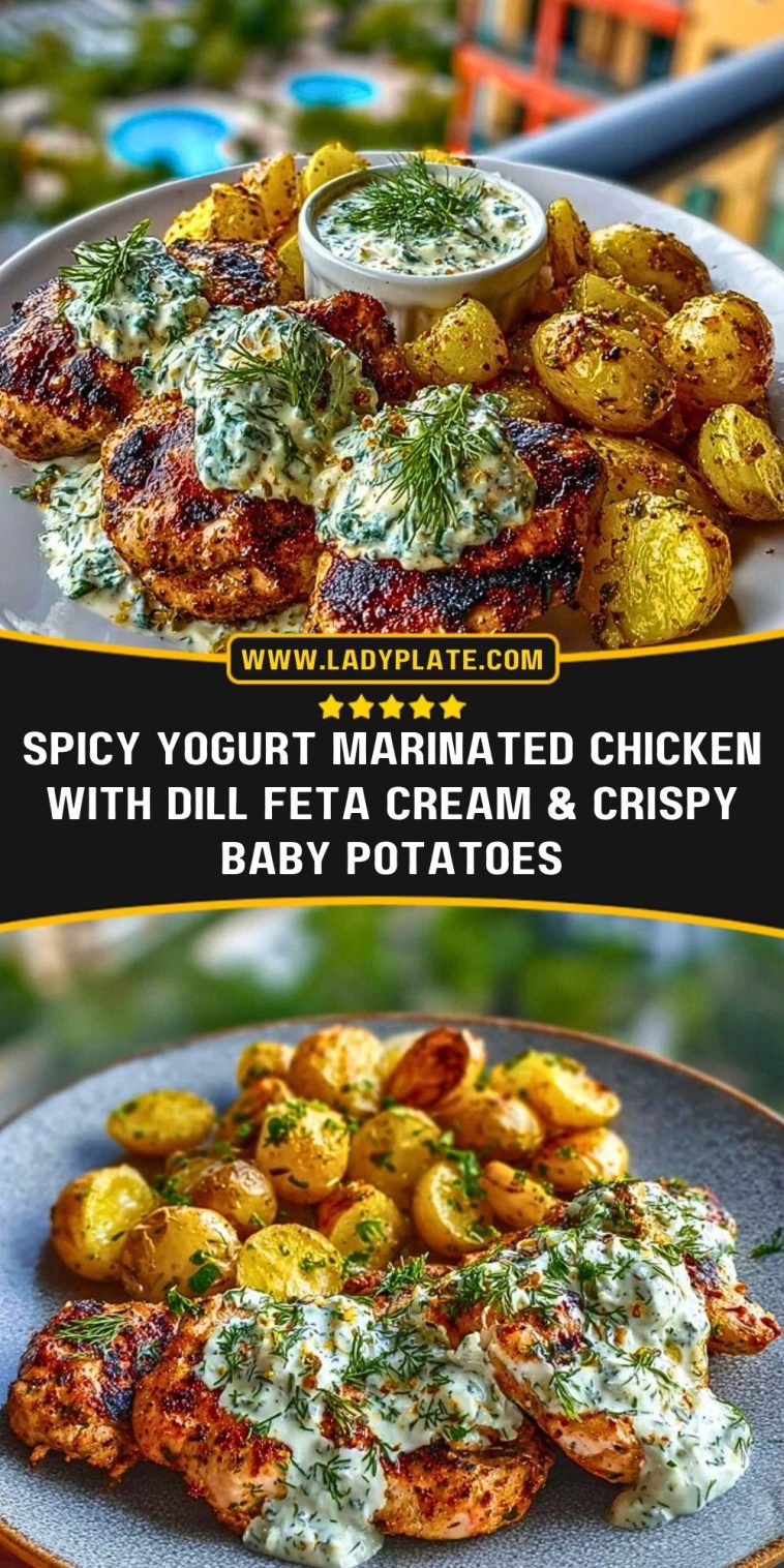 Spicy Yogurt Marinated Chicken with Dill Feta Cream & Crispy Baby Potatoes