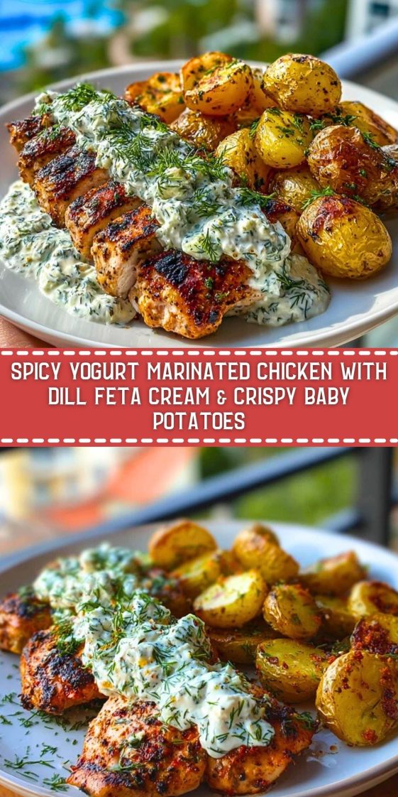 Spicy Yogurt Marinated Chicken with Dill Feta Cream & Crispy Baby Potatoes