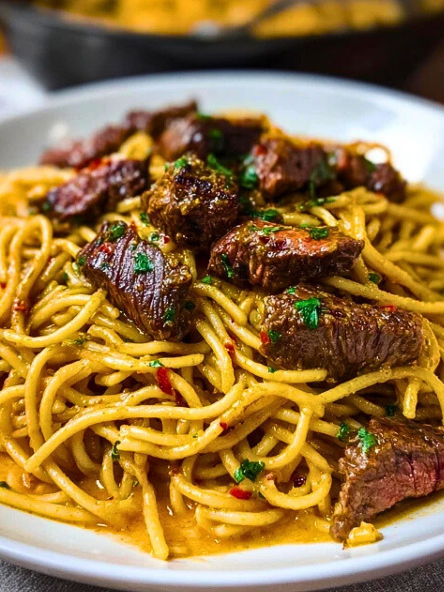 Creamy Cajun Garlic Butter Spaghetti with Beef Strips