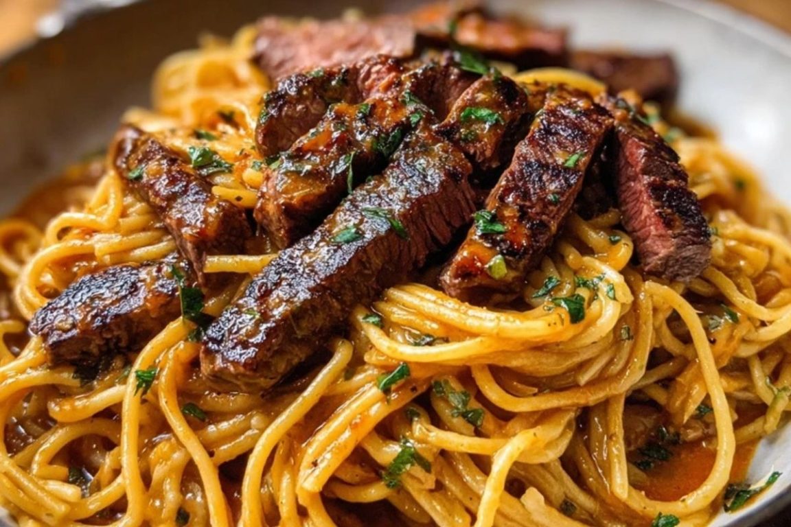 Creamy Cajun Garlic Butter Spaghetti with Beef Strips