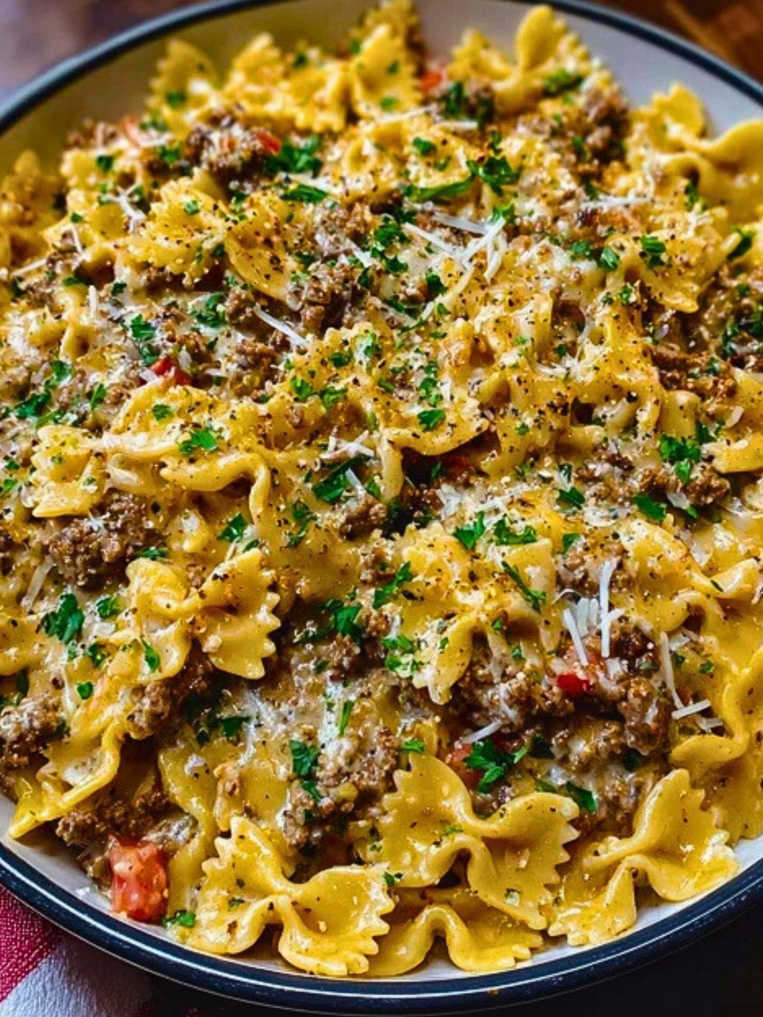 Creamy Ground Beef Bowtie Pasta with Mozzarella and Parmesan
