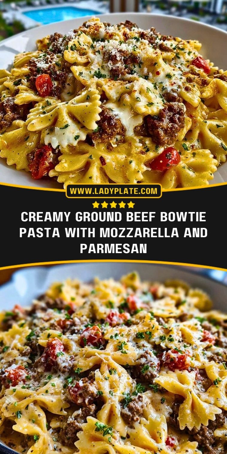 Creamy Ground Beef Bowtie Pasta with Mozzarella and Parmesan