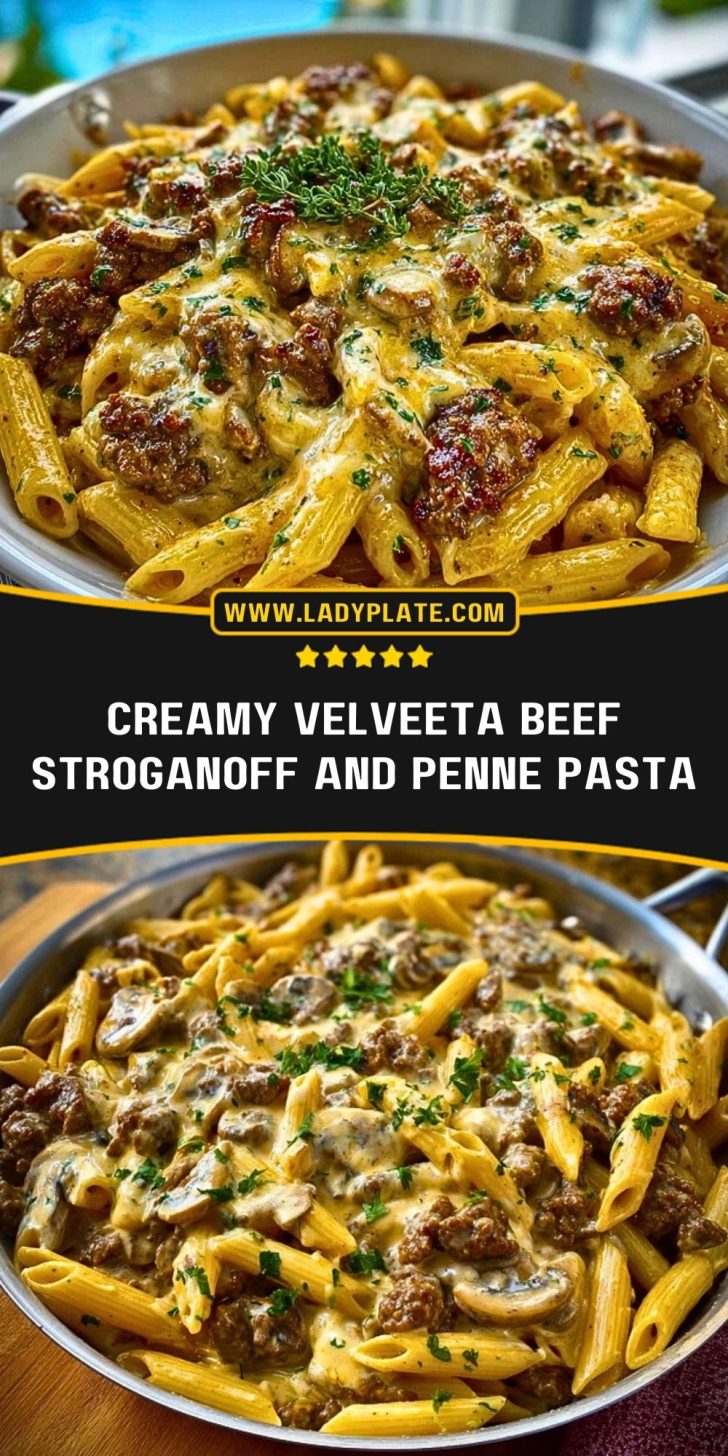 Creamy Velveeta Beef Stroganoff and Penne Pasta