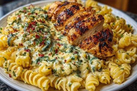 Delicious Creamy Garlic Parmesan Chicken and Cheesy Twisted Pasta