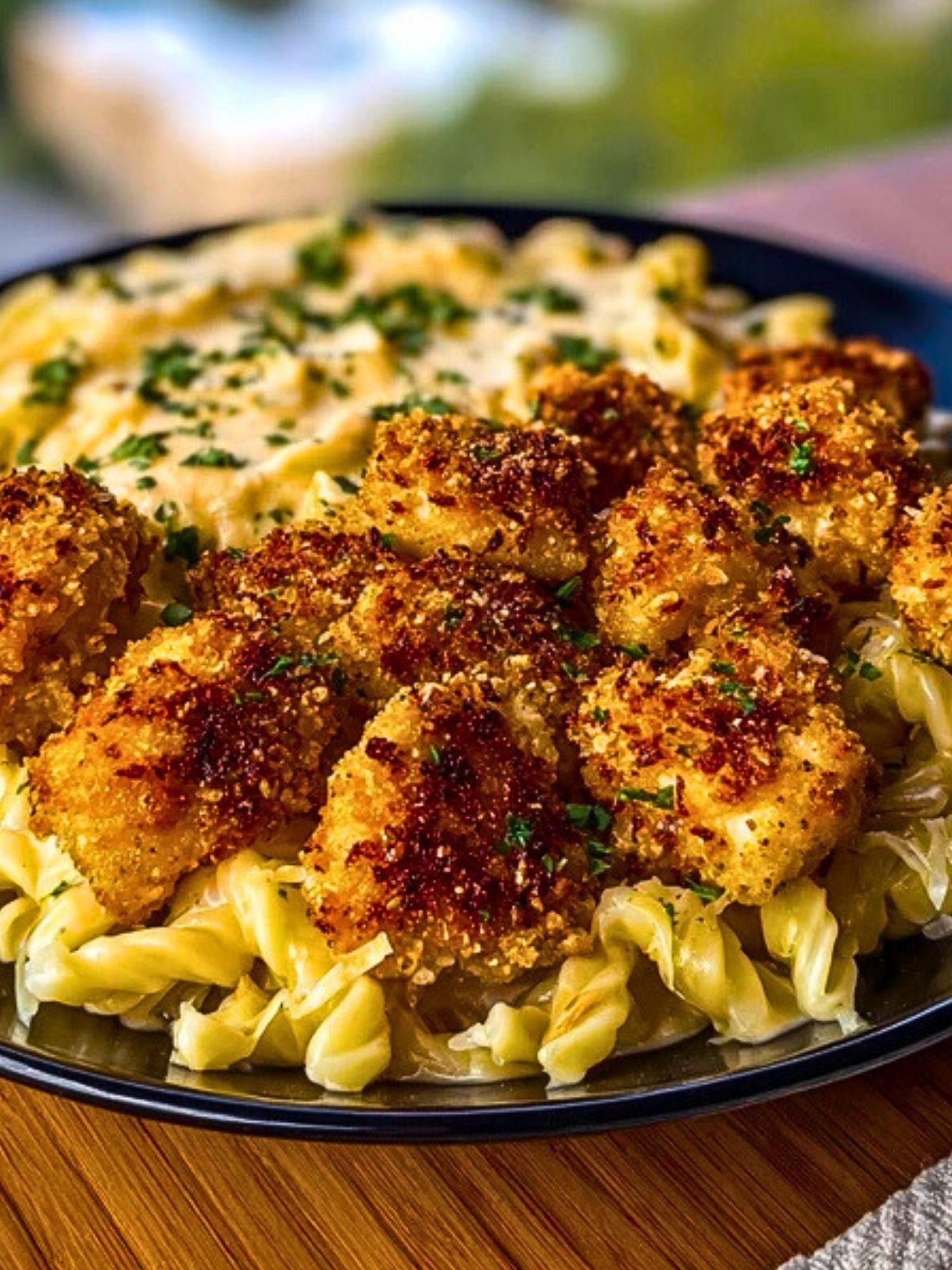 Parmesan Crusted Chicken Bites & Smoked Cajun Alfredo Gemelli