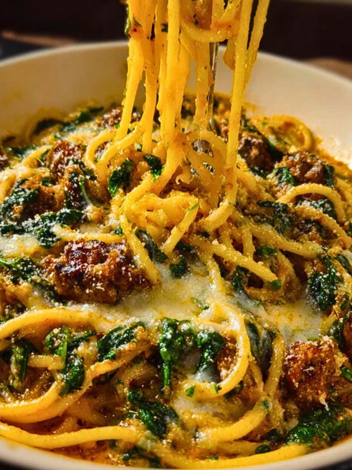 Cheesy Garlic Butter Spaghetti with Italian Sausage & Spinach