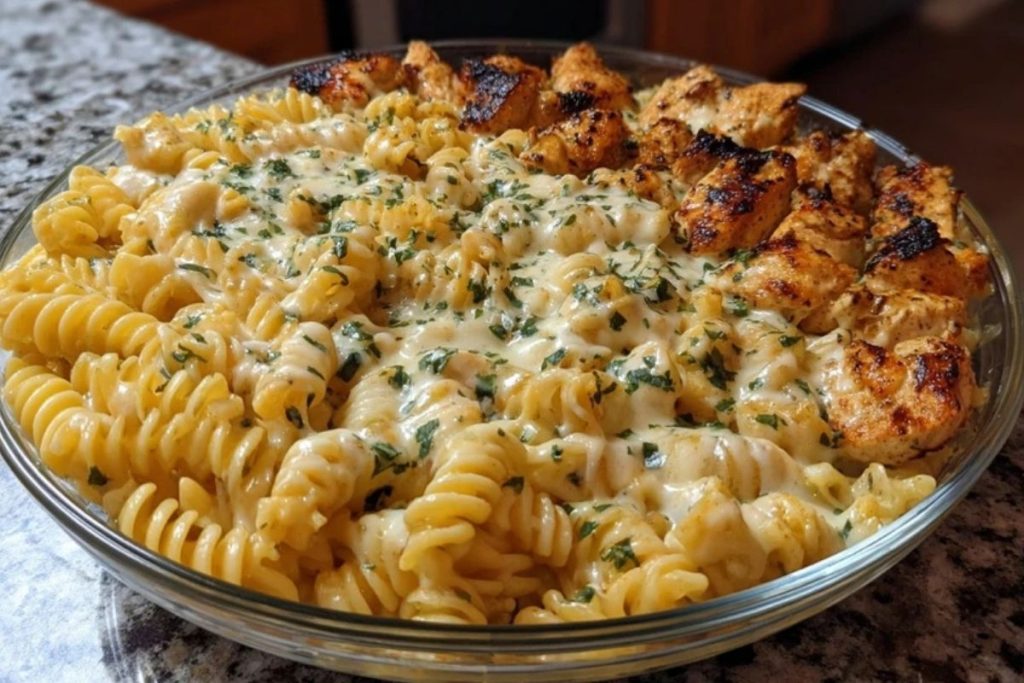 Cheesy Velveeta Chicken Twisted Pasta with Mozzarella Garlic Sauce