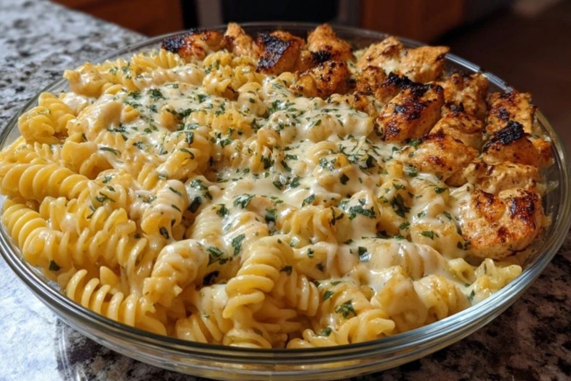 Cheesy Velveeta Chicken Twisted Pasta with Mozzarella Garlic Sauce