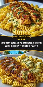 Creamy Garlic Parmesan Chicken with Cheesy Twisted Pasta