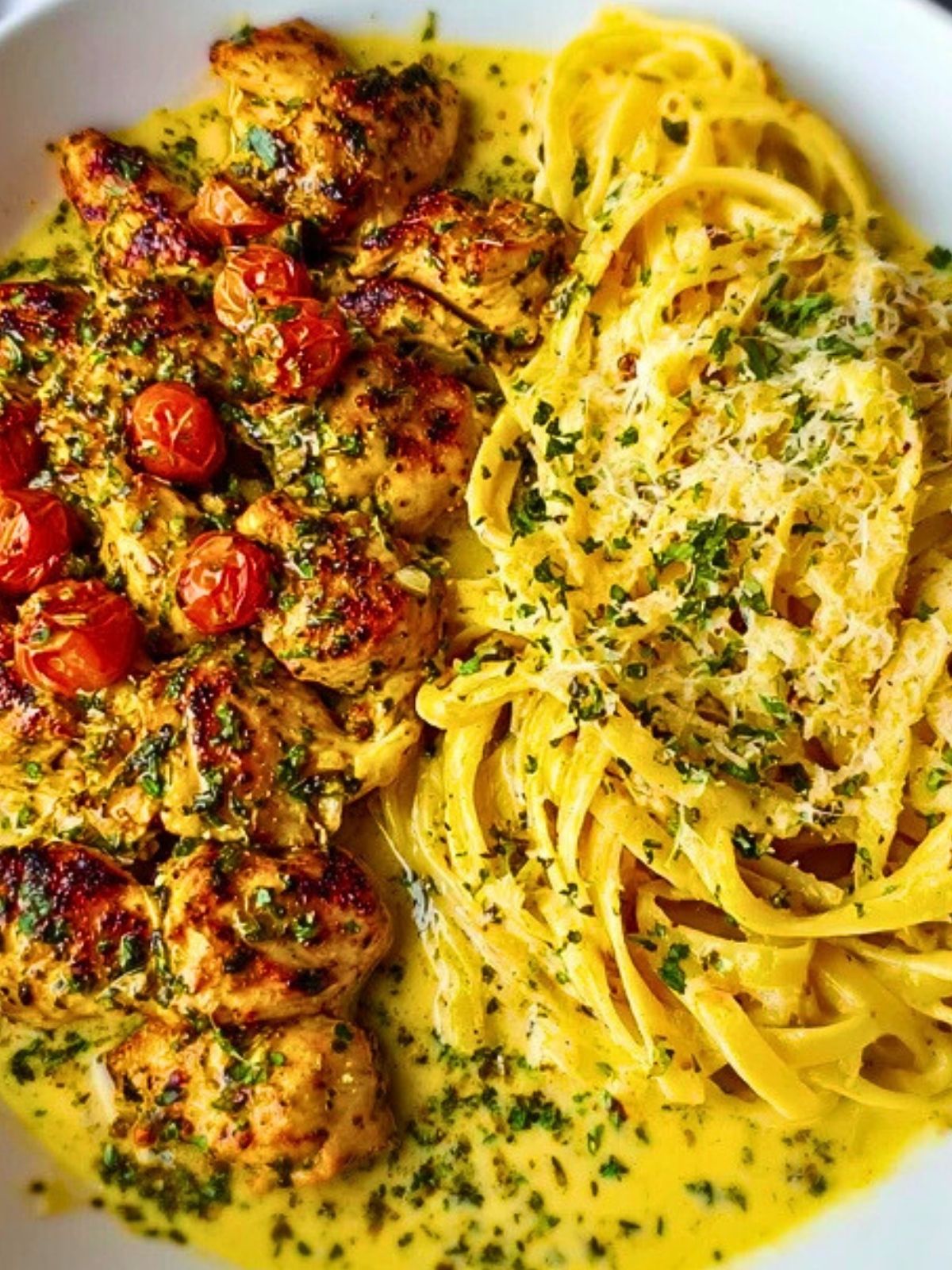 Golden Garlic Butter Chicken with Creamy Parmesan Linguine