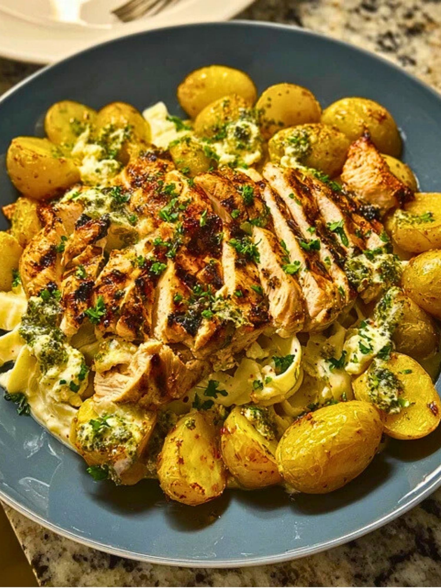 Greek Chicken Alfredo & Garlic Potatoes with Spicy Hot Honey Tahini Pesto