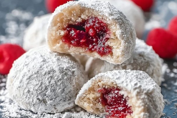Raspberry-Filled Almond Snowball Cookies