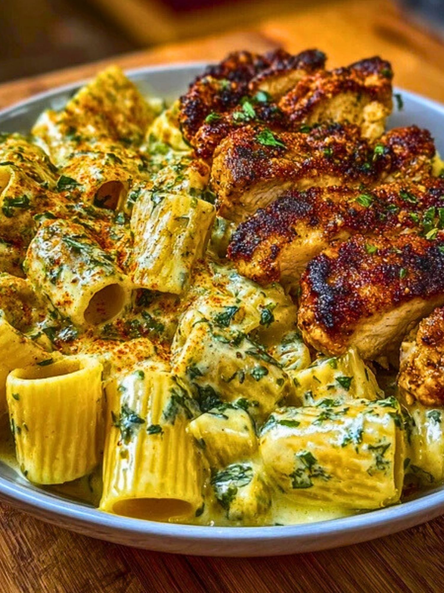 Rigatoni in Cheesy Italian Herb Alfredo with Cajun Chicken