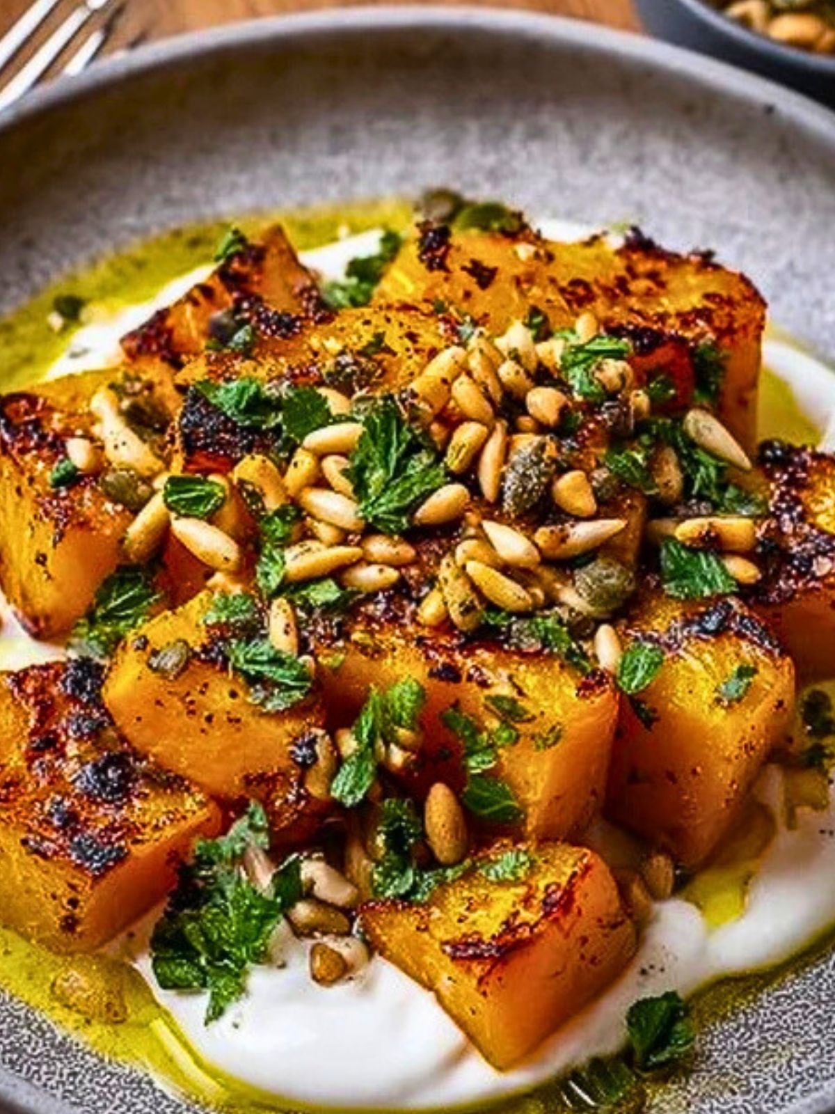 Roasted Pumpkin with Lemon Yogurt & Pine Nuts