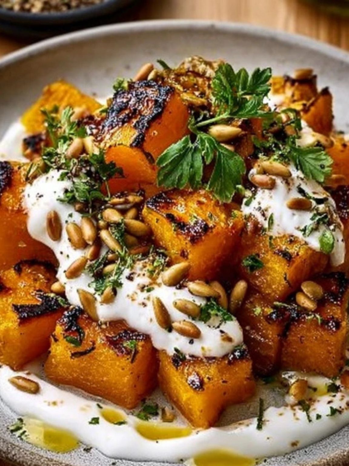 Savory Roasted Pumpkin with Creamy Lemon Yogurt and Crunchy Pine Nuts