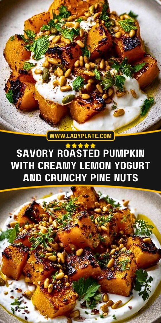 Savory Roasted Pumpkin with Creamy Lemon Yogurt and Crunchy Pine Nuts