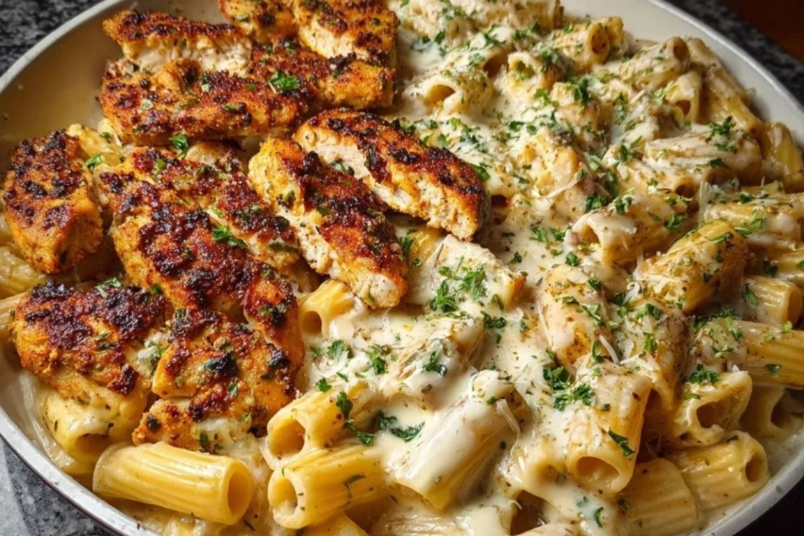 Spicy Cajun Chicken Rigatoni in Creamy Mozzarella Alfredo