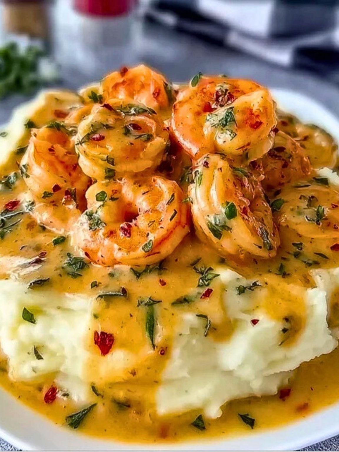 Creamy Garlic Shrimp Over Mashed Potatoes