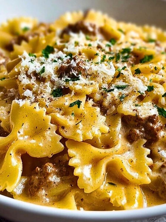 Creamy Parmesan Garlic Beef Bowtie Pasta